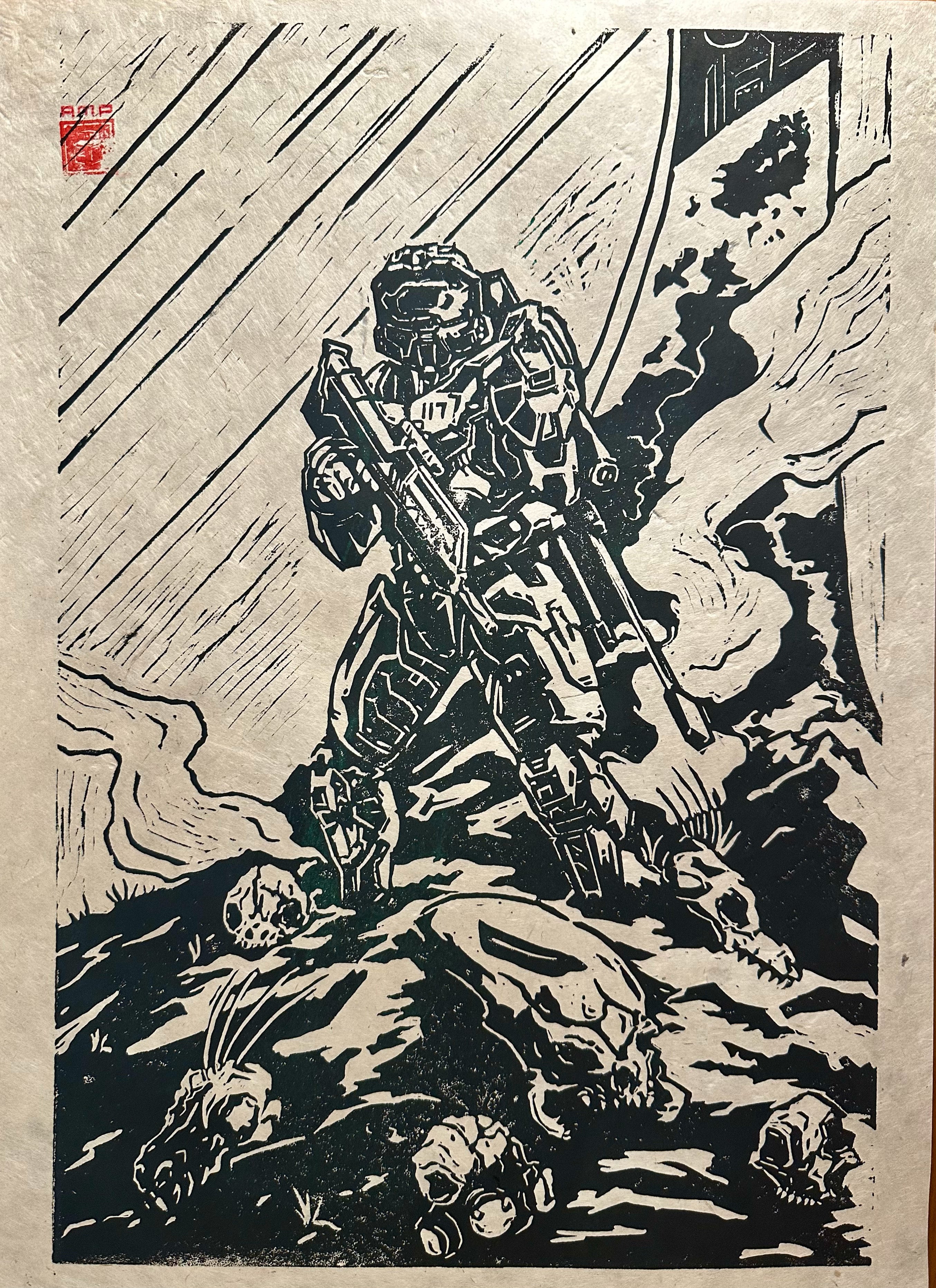 Halo Master Chief Linocut | Adam Matthew Ink